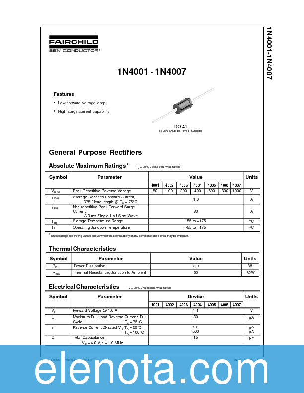 1N4007 Datasheet PDF (69 KB) Fairchild | Pobierz z Elenota.pl