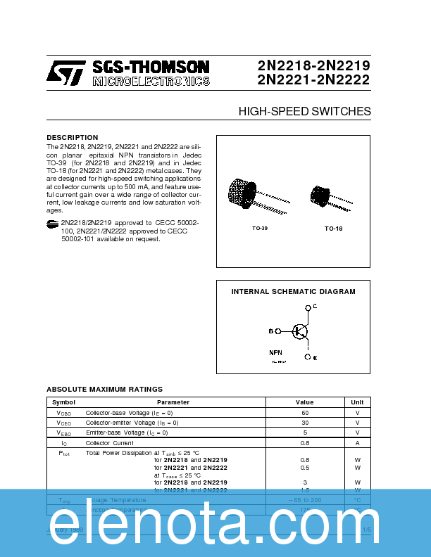 2N2219 Datasheet PDF (72 KB) STMicroelectronics | Pobierz z Elenota.pl