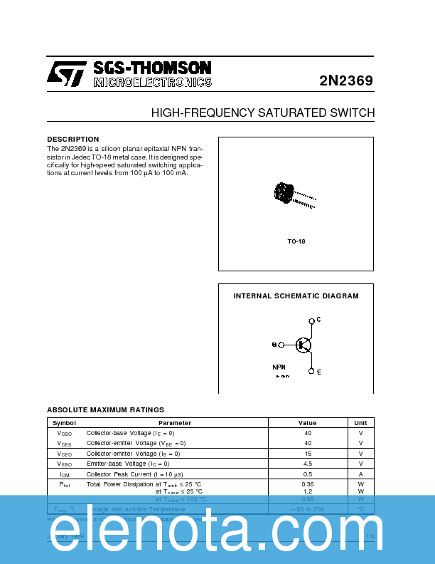 2N2369 Datasheet PDF (44 KB) STMicroelectronics | Pobierz z Elenota.pl