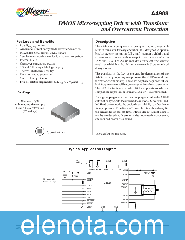 A4988 Datasheet PDF (512 KB) Allegro Microsystems | Pobierz z Elenota.pl