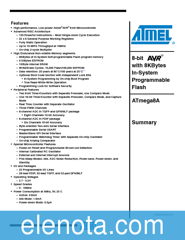 ATMEGA8A Datasheet PDF (469 KB) Atmel | Pobierz z Elenota.pl ATMEGA8A Datasheet PDF (469 KB) Atmel | Pobierz z Elenota.pl