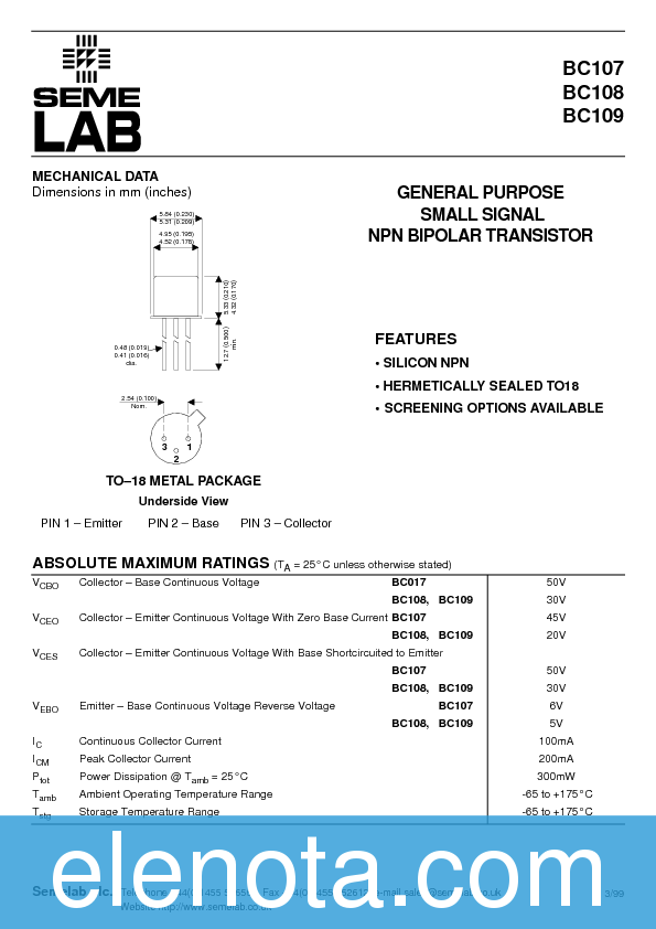 BC107 Datasheet PDF (14 KB) Semelab | Pobierz z Elenota.pl