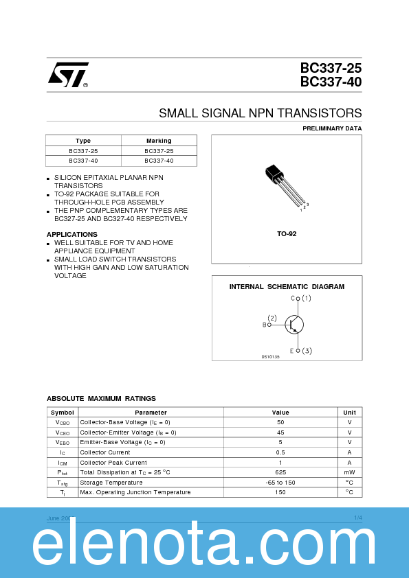 BC337-25 Datasheet PDF (37 KB) STMicroelectronics | Pobierz z Elenota.pl