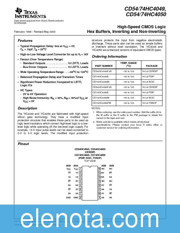 CD54/74HC4050 Datasheet PDF (30 KB) Texas Instruments | Pobierz z Elenota.pl