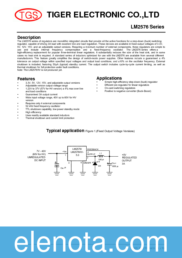 LM2576T-ADJ Datasheet PDF (238 KB) Tiger Electronic Co | Pobierz z Elenota.pl