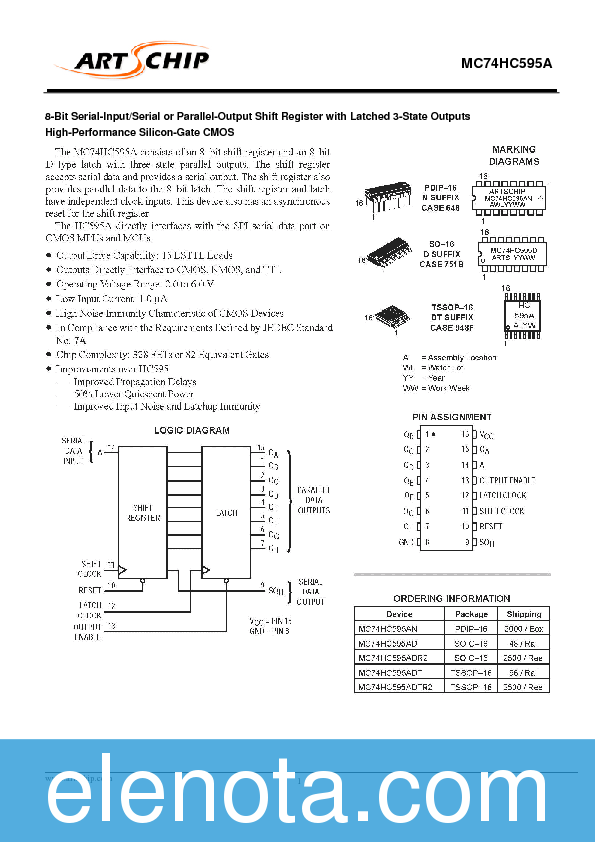 MC74HC595 Datasheet PDF (1.18 MB) ArtsChip | Pobierz z Elenota.pl