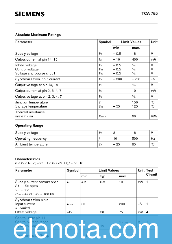 TCA785 Datasheet PDF (455 KB) Infineon | Pobierz z Elenota.pl