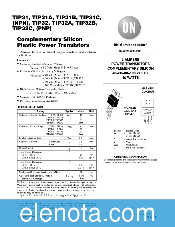 TIP31C Datasheet PDF (82 KB) ON Semiconductor | Pobierz z Elenota.pl
