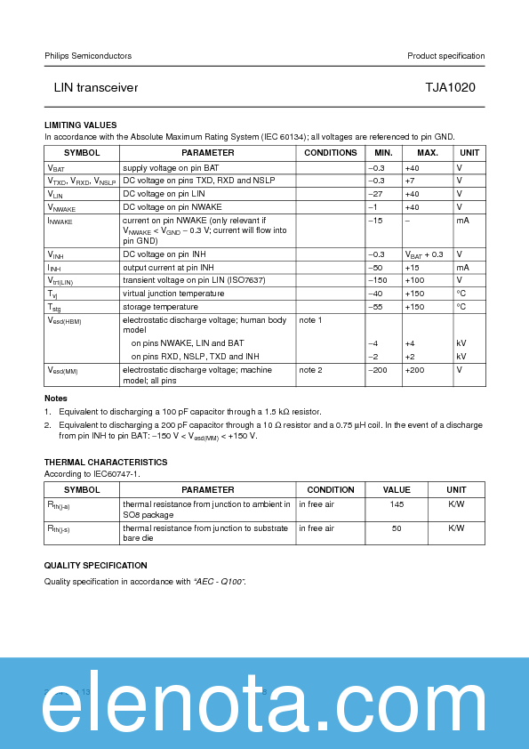 TJA1020 Datasheet PDF (129 KB) Philips | Pobierz z Elenota.pl