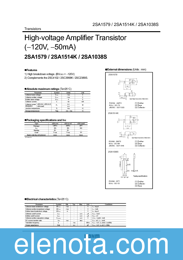 2SA1579 Datasheet PDF (57 KB) Rohm | Pobierz z Elenota.pl