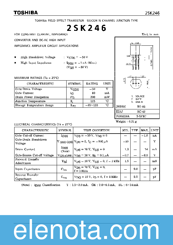 2SK246 Datasheet PDF (180 KB) Toshiba | Pobierz z Elenota.pl