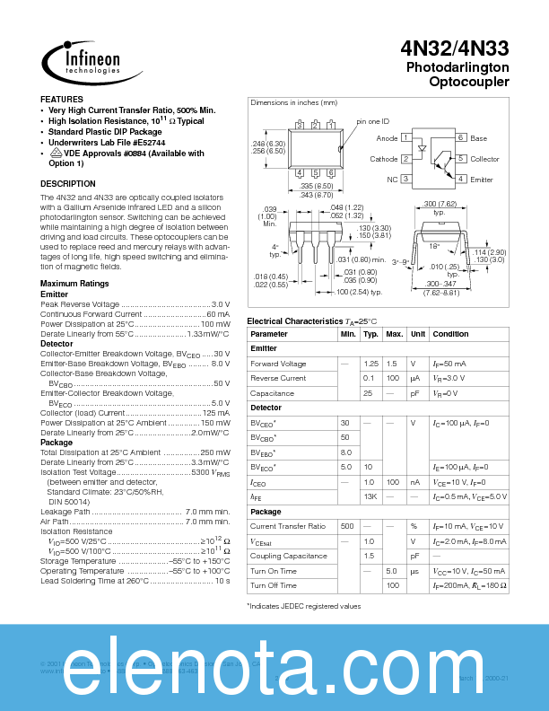 4N33 Datasheet PDF (385 KB) Infineon | Pobierz z Elenota.pl