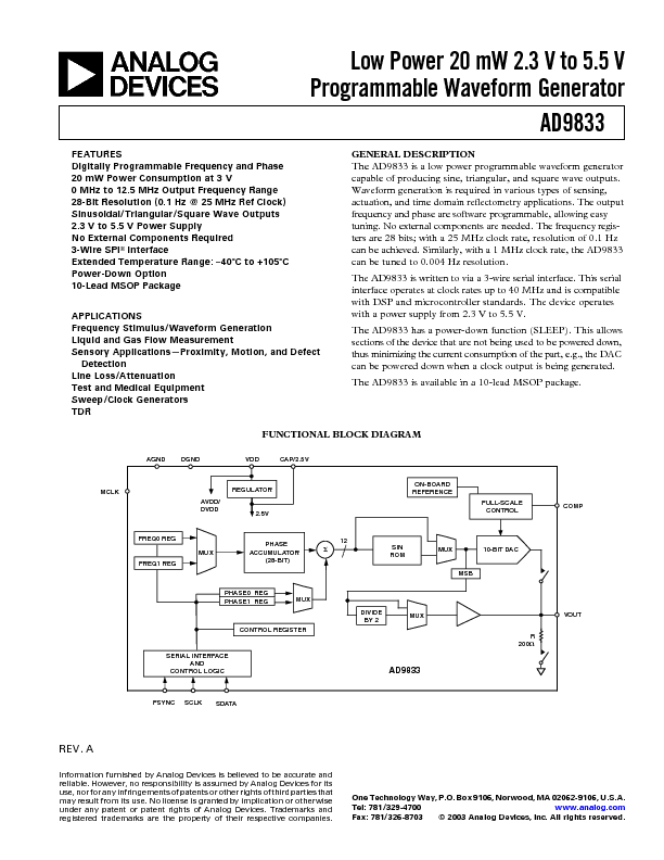 AD9833 Datasheet PDF (450 KB) Analog Devices | Pobierz z Elenota.pl