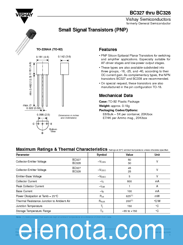 BC328 Datasheet PDF (219 KB) Vishay | Pobierz z Elenota.pl