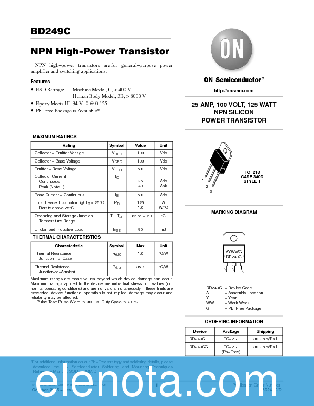 BD249C Datasheet PDF (71 KB) ON Semiconductor | Pobierz z Elenota.pl