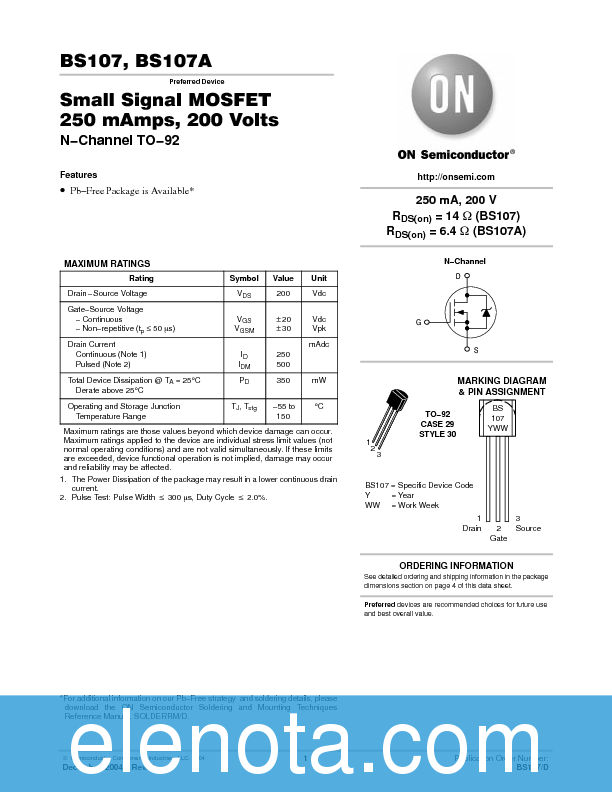 BS107 Datasheet PDF (53 KB) ON Semiconductor | Pobierz z Elenota.pl