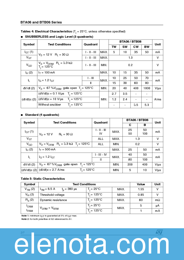 BTA06 Datasheet PDF (74 KB) STMicroelectronics | Pobierz z Elenota.pl