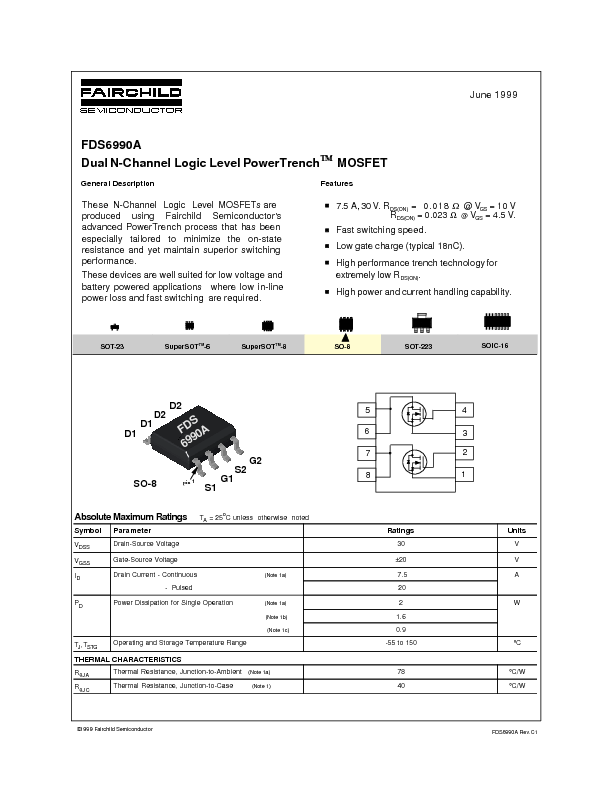 FDS6990A Datasheet PDF (193 KB) Fairchild | Pobierz z Elenota.pl
