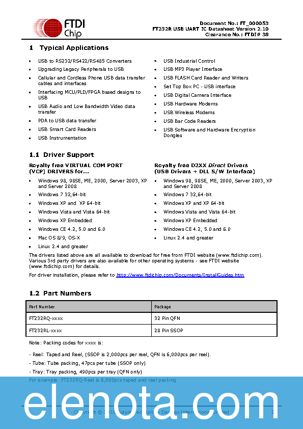 FT232RL Datasheet PDF (771 KB) FTDI Chip | Pobierz z Elenota.pl