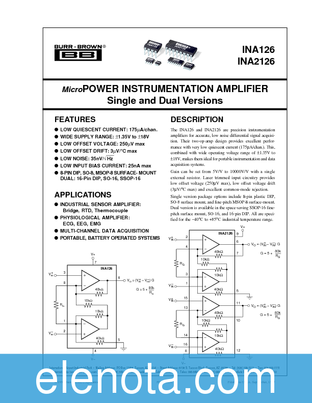 INA126 Datasheet PDF (315 KB) Burr-Brown | Pobierz z Elenota.pl