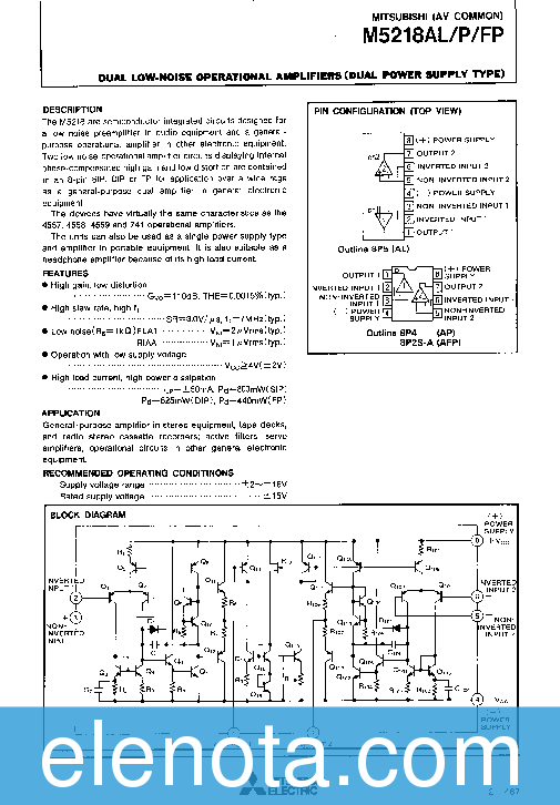 M5218AL Datasheet PDF (355 KB) Mitsubishi | Pobierz z Elenota.pl