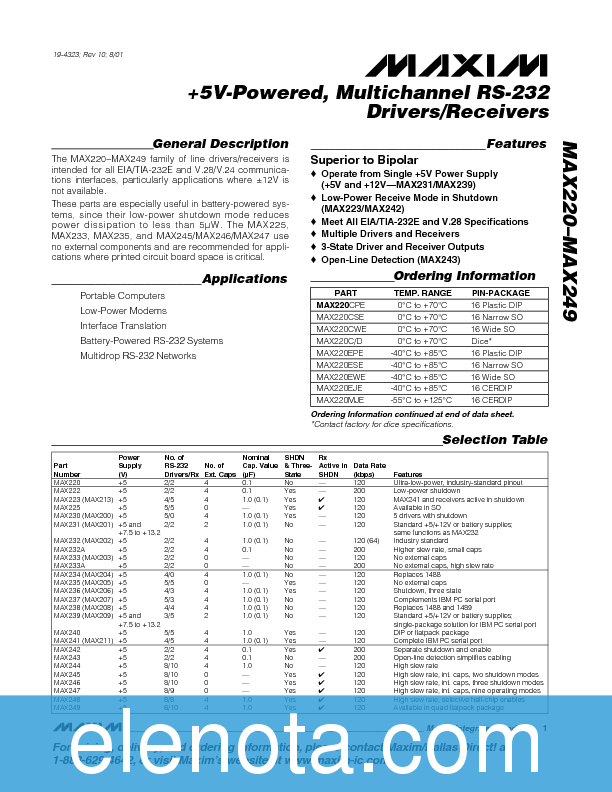 MAX233 Datasheet PDF (442 KB) Maxim | Pobierz z Elenota.pl