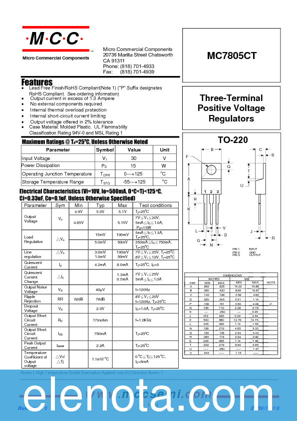 MC7805CT Datasheet PDF (177 KB) Micro Commercial Components | Pobierz z ...