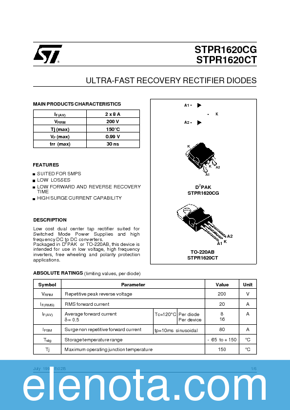 STPR1620CG Datasheet PDF (76 KB) STMicroelectronics | Pobierz z Elenota.pl