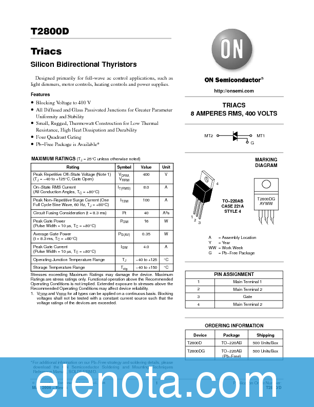 T2800D Datasheet PDF (53 KB) ON Semiconductor | Pobierz z Elenota.pl