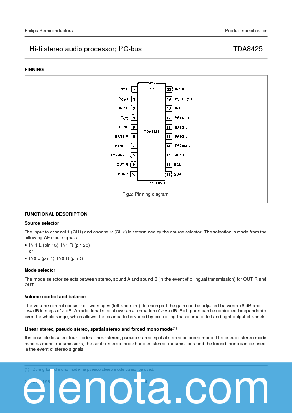 TDA8425 Datasheet PDF (276 KB) Philips | Pobierz z Elenota.pl