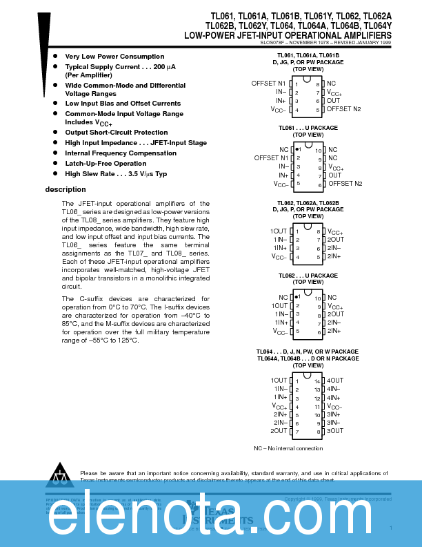 TL061 Datasheet PDF (368 KB) Texas Instruments | Pobierz z Elenota.pl
