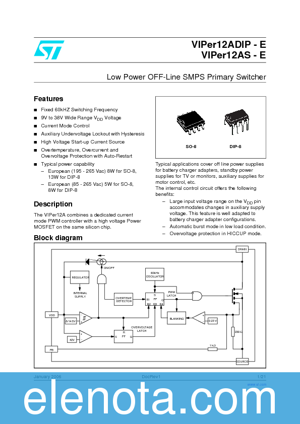 VIPER12A-E Datasheet PDF (450 KB) STMicroelectronics | Pobierz z Elenota.pl