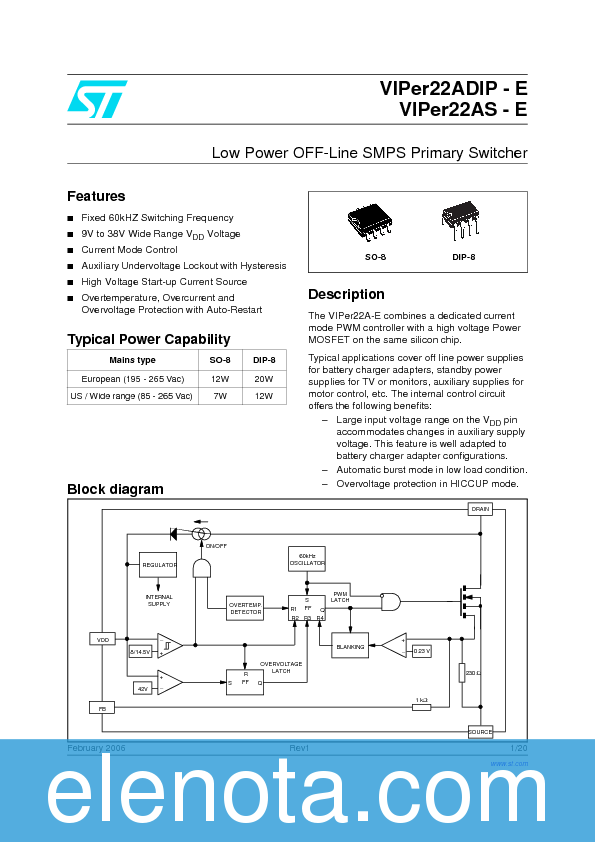 VIPER22A-E Datasheet PDF (303 KB) STMicroelectronics | Pobierz z Elenota.pl