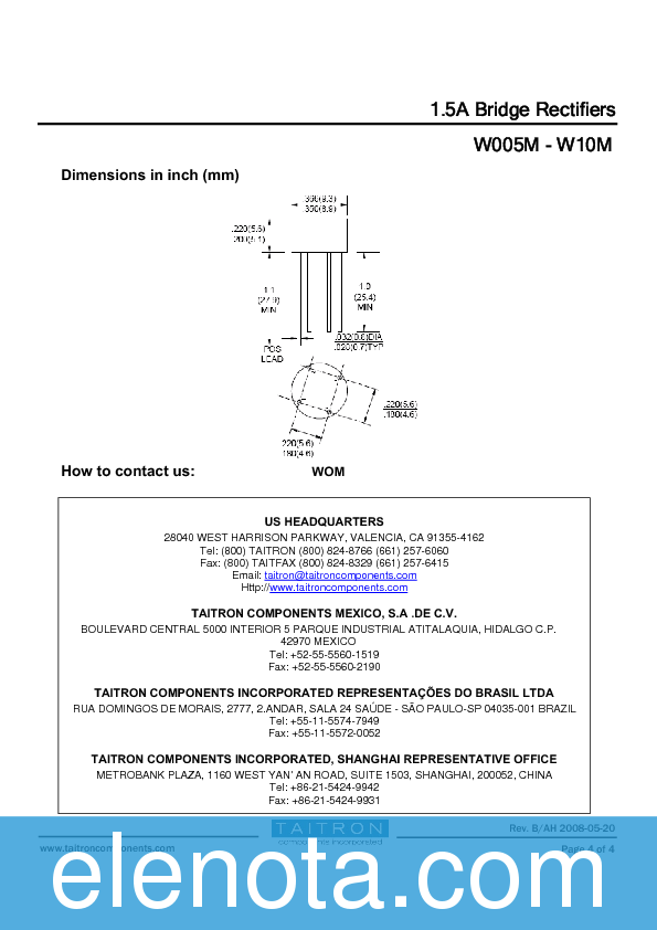 W04M Datasheet PDF (187 KB) TAITRON | Pobierz z Elenota.pl