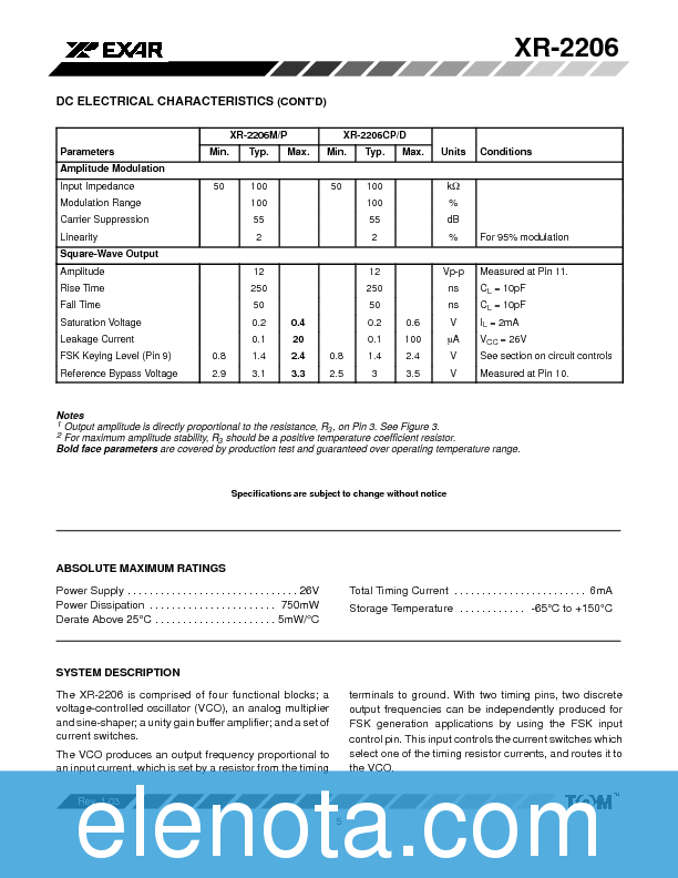 Xr2206cp Datasheet Pdf